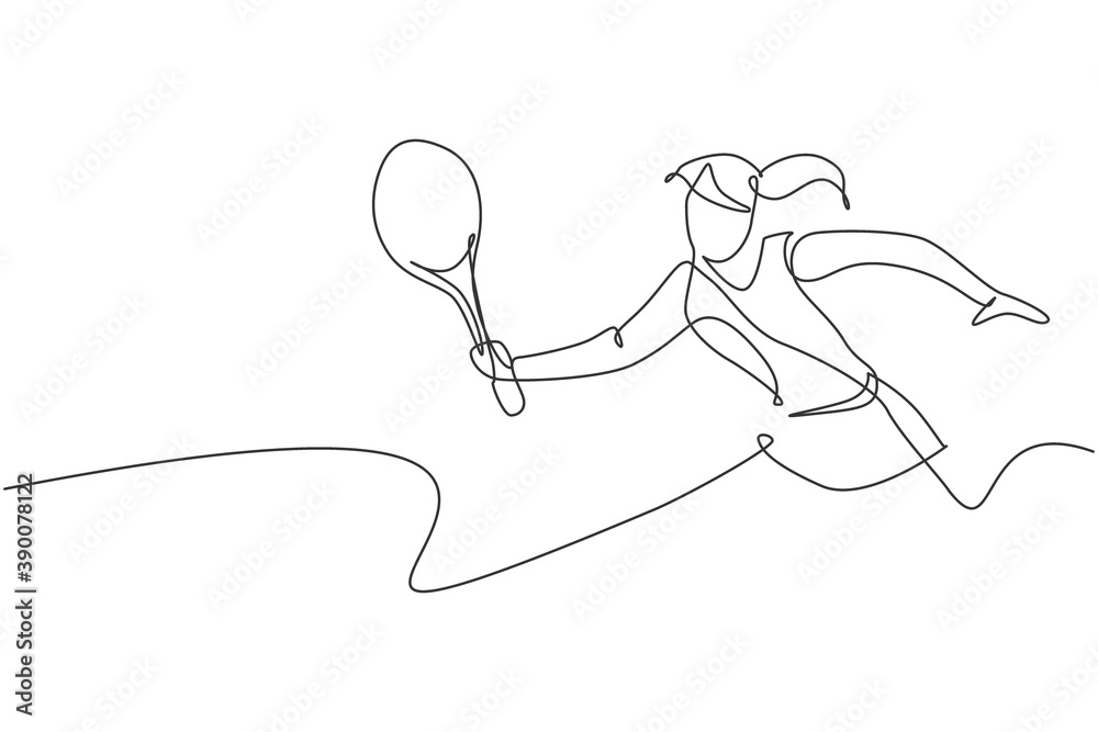 One continuous line drawing of young happy female tennis player run and ...