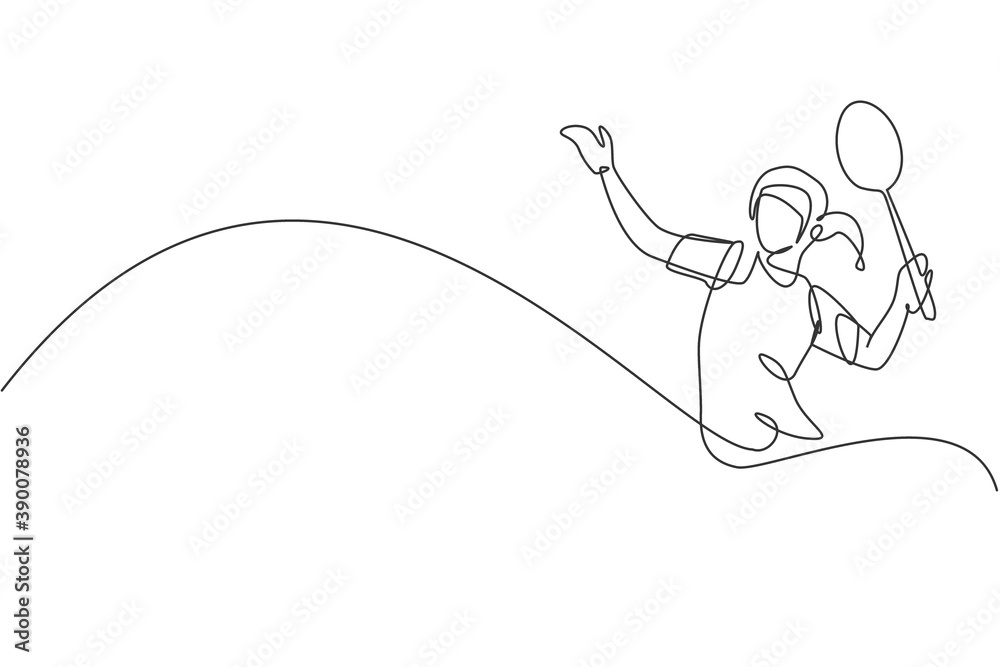 One single line drawing of young energetic badminton player jumping and ...