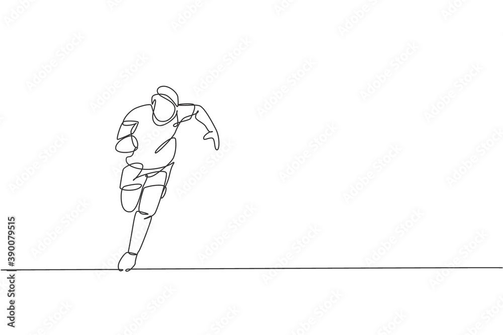 One continuous line drawing of young man rugby player run and hold the ...