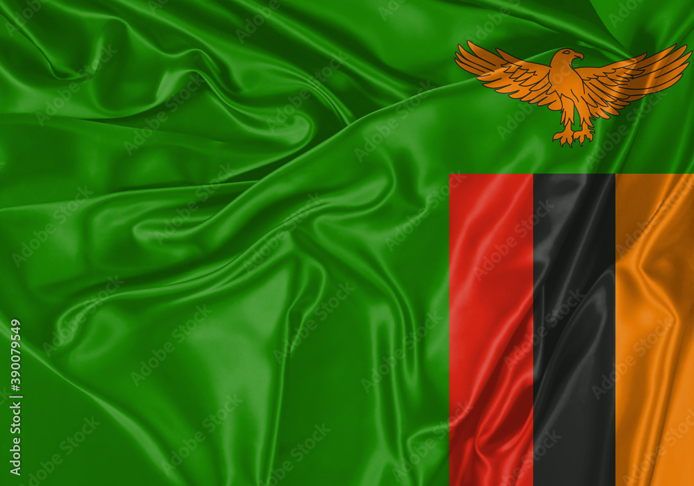 Zambia flag waving in the wind. National flag on satin cloth surface ...