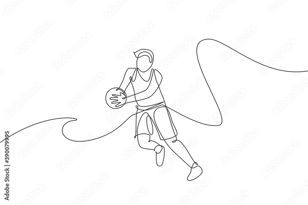 One single line drawing of young energetic basketball male player ...