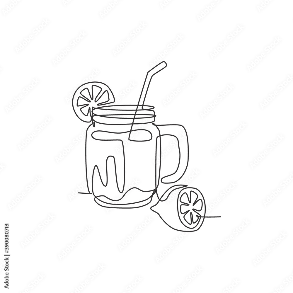 One single line drawing of fresh lemonade ice on jar glass with sliced ...