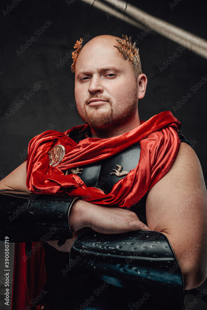 Bald roman elite and handsome human with wreath on his head and dark ...