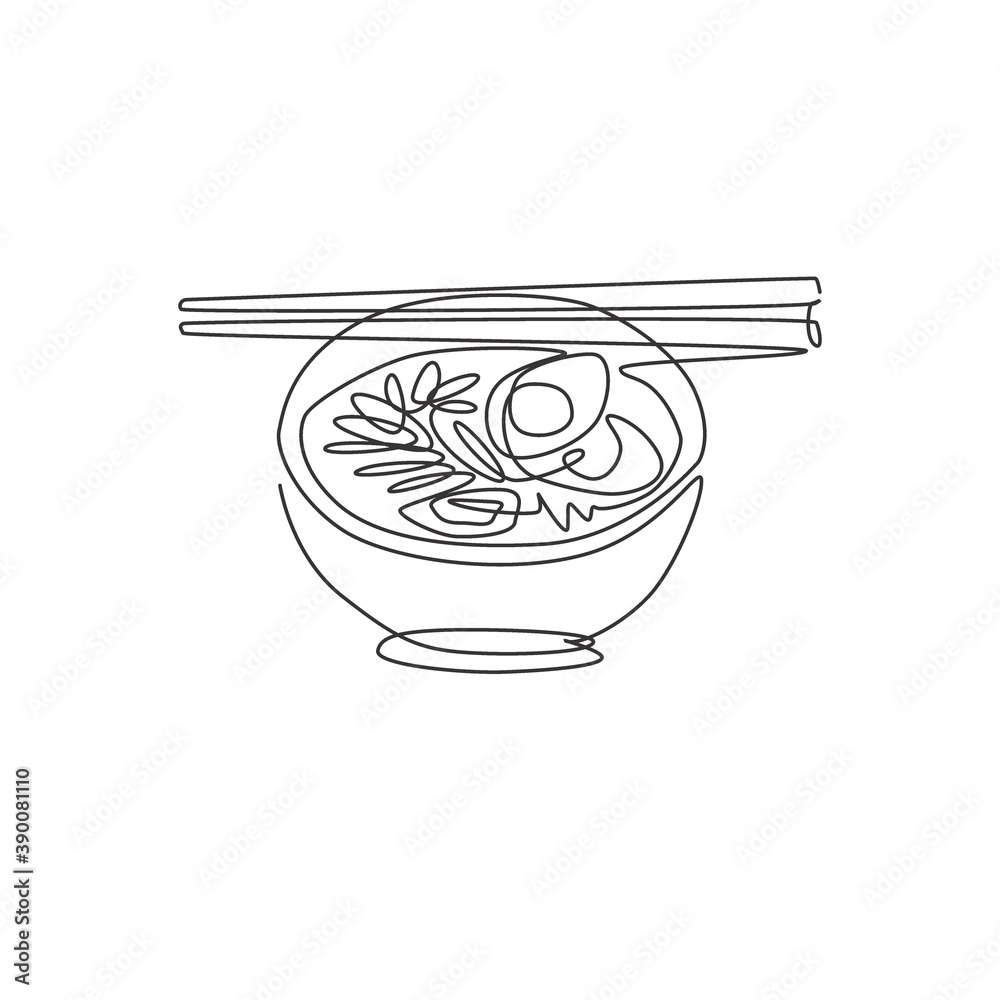 Single continuous line drawing of stylized Japanese ramen logo label ...