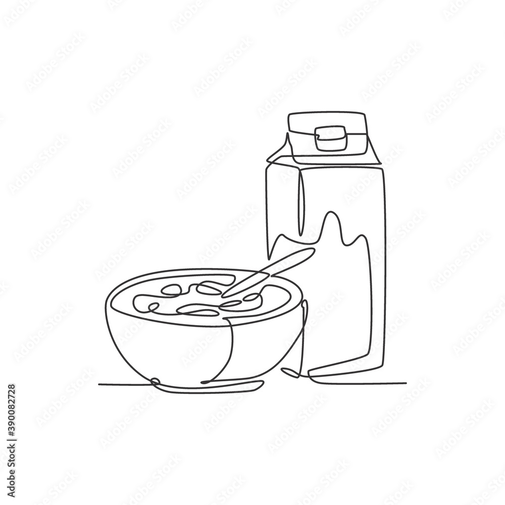 One continuous line drawing of fresh delicious cereal breakfast and ...