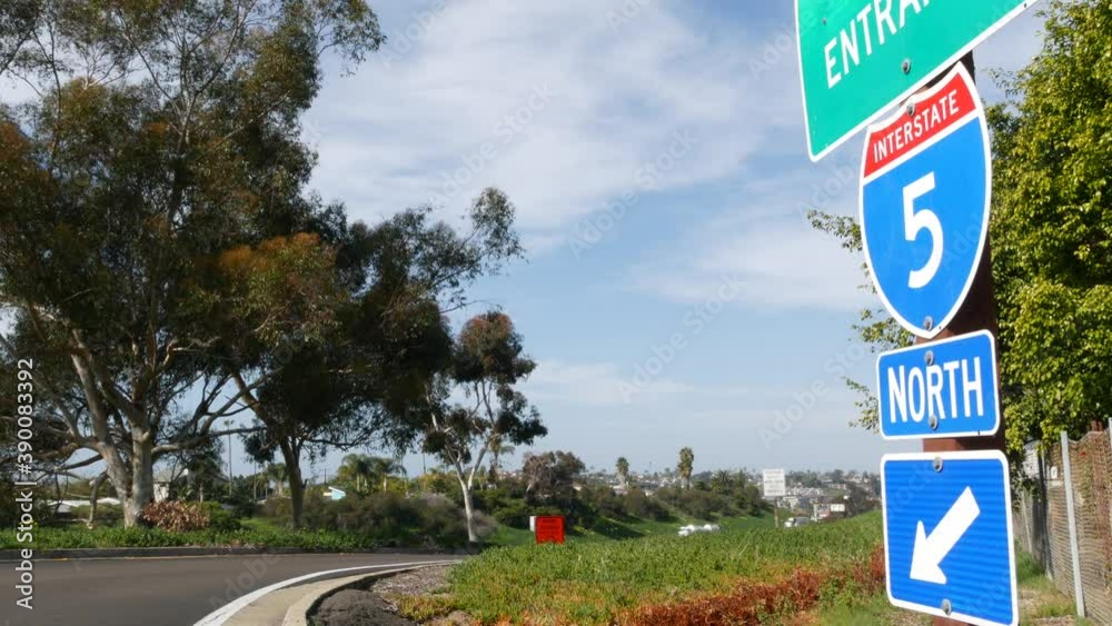 Freeway entrance, information sign on crossraod in USA. Route to Los ...