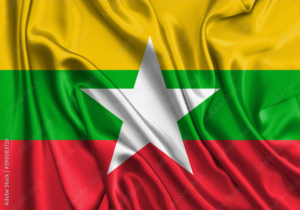 Myanmar , national flag on fabric texture. International relationship ...