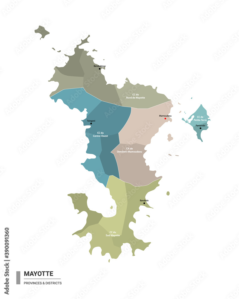Mayotte higt detailed map with subdivisions. Administrative map of ...