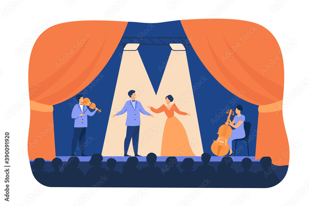 Opera singers playing on stage with musicians. Theatre performers ...