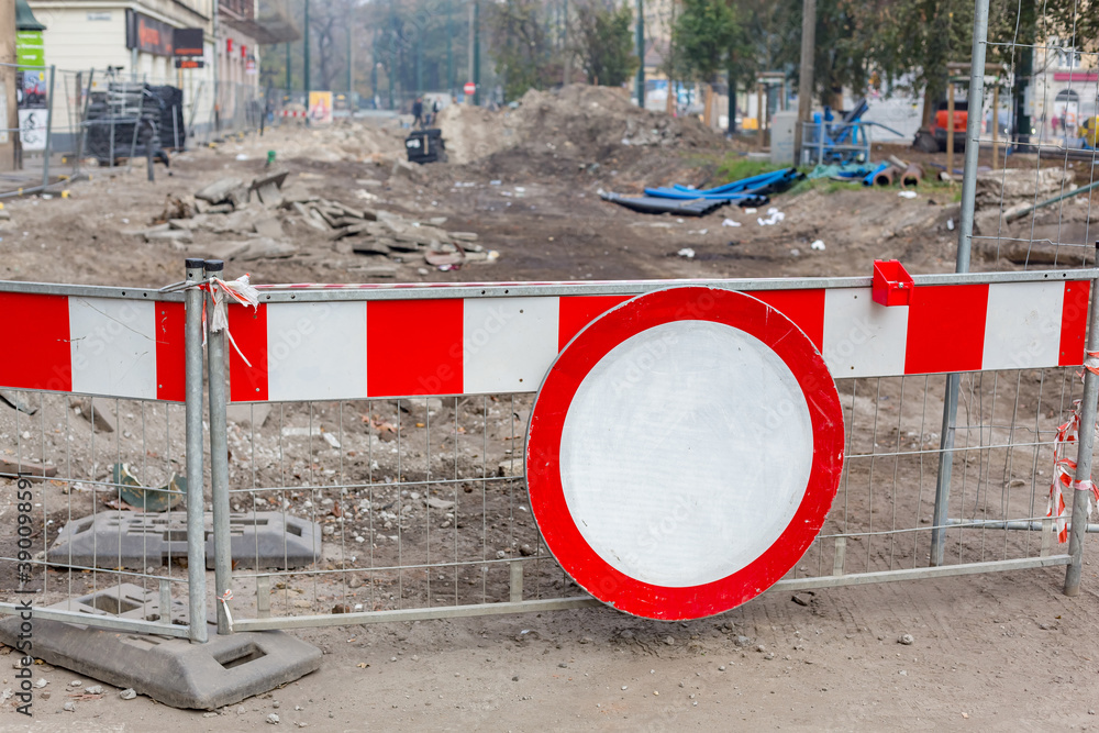 Traffic barrier striped obstacle with no traffic sign. Road works ...
