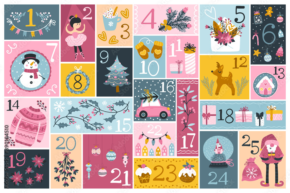 Christmas advent calendar with cute characters and festive elements in ...