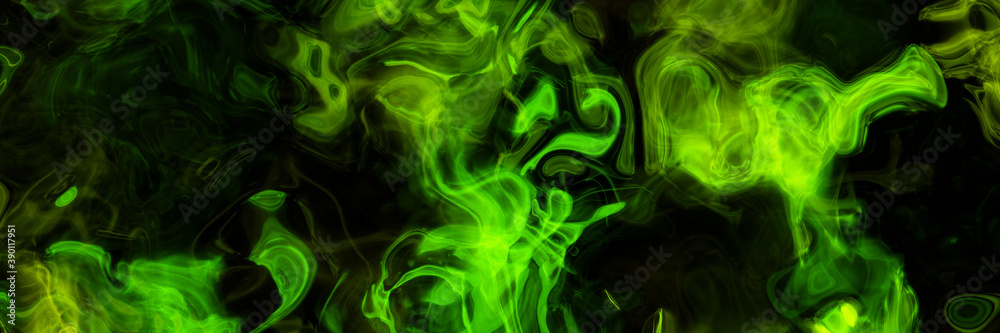 Abstract green yellow smoke swirls on black background, neon mist ...