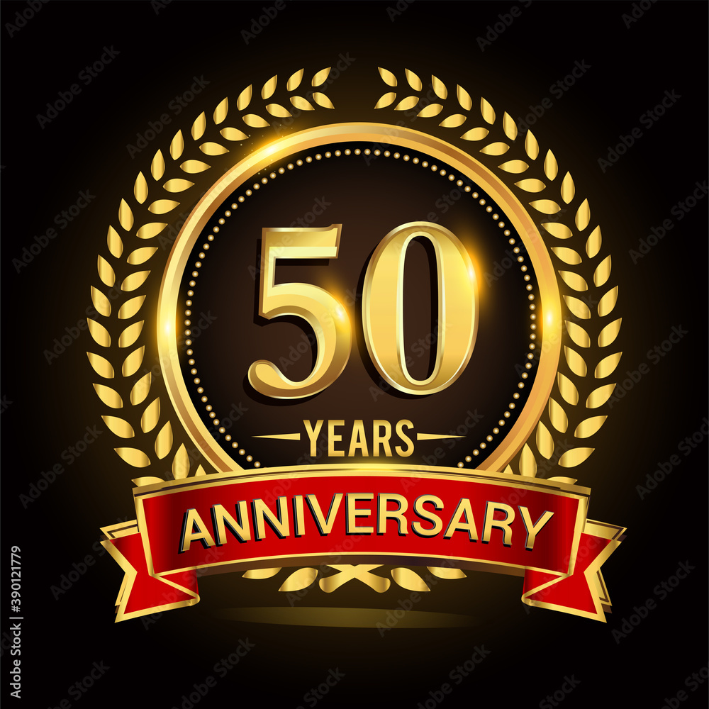 50th golden anniversary logo, with shiny ring and red ribbon, laurel ...