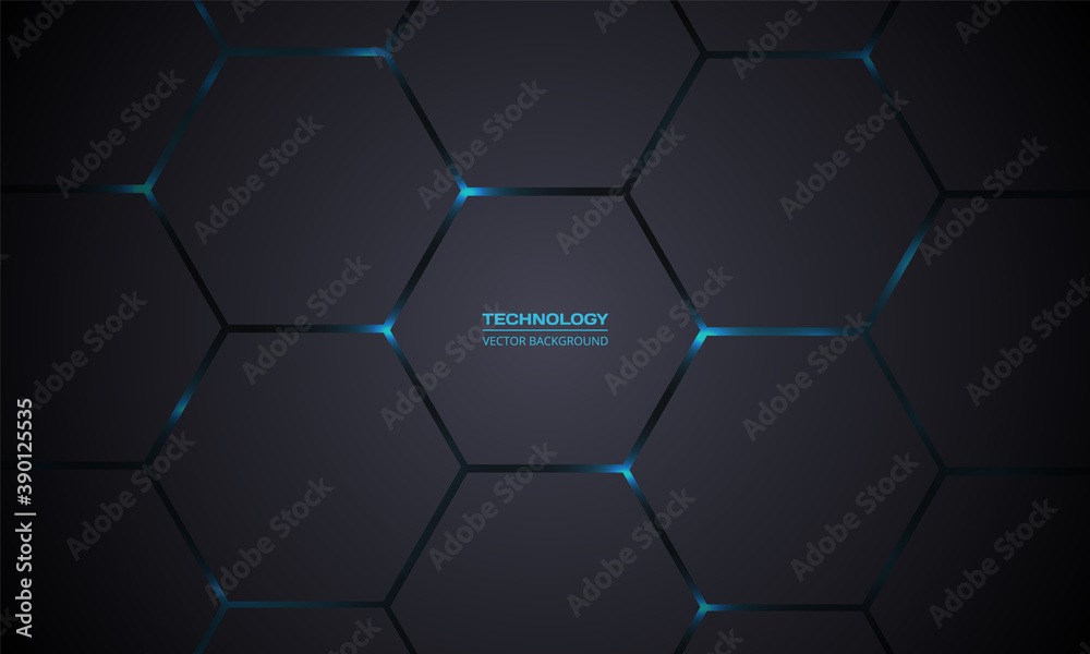 Dark gray hexagonal technology vector abstract background. Blue bright ...