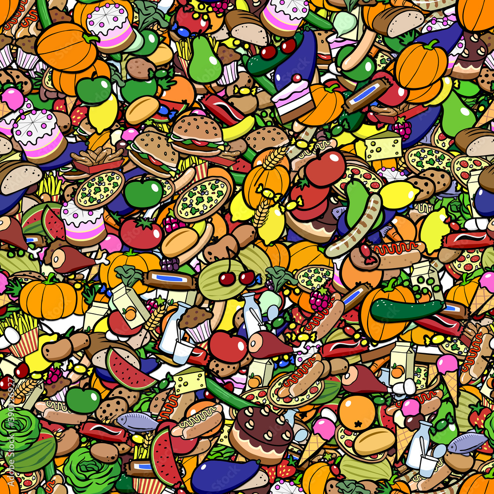 Viele Cartoon Lebensmittel als nahtloser Hintergrund Stock Illustration ...