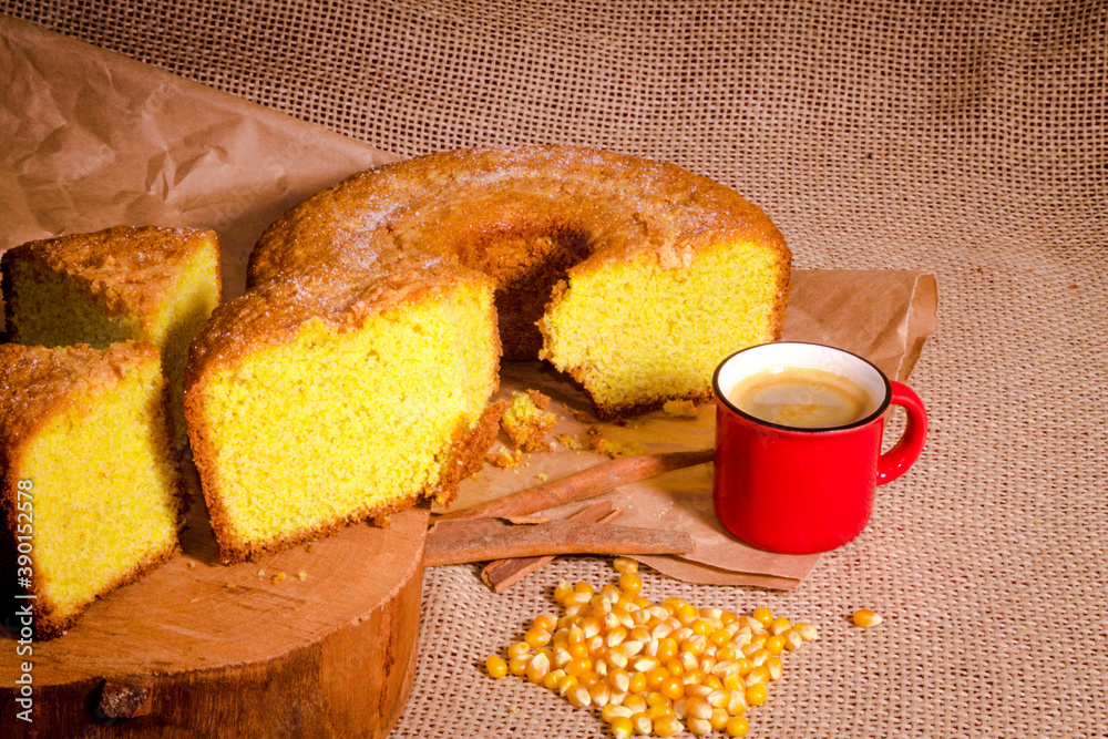 Brazilian corn cake made with a type of corn flour (Fuba) on the wood ...