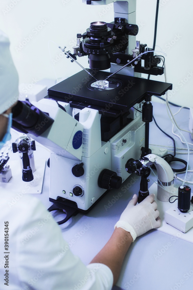Equipment on laboratory of Fertilization, IVF. Microscope of ...
