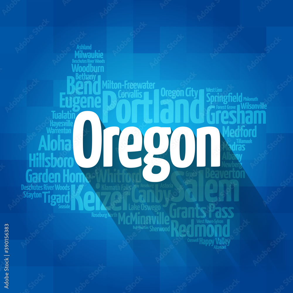 List of cities in Oregon USA state, map silhouette word cloud, map ...