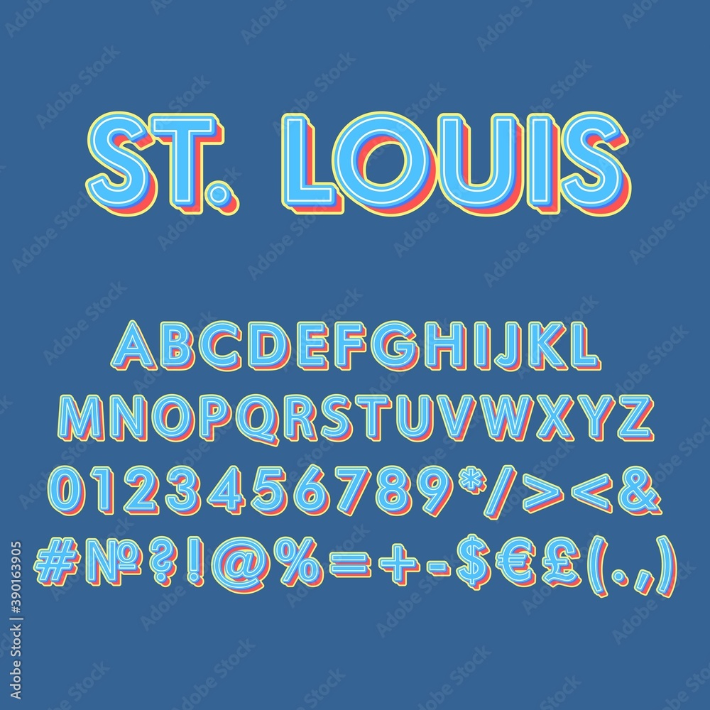 Vetor do Stock: Saint Louis vintage 3d vector alphabet set. Retro bold ...