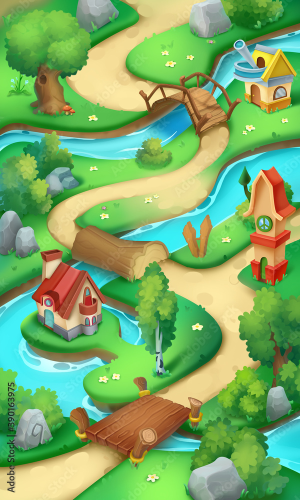 River and Forest Casual Style Vertical Game Level Map Stock ...