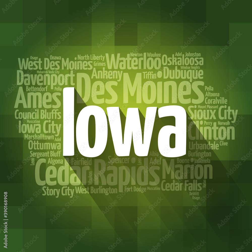 List of cities in Iowa USA state, map silhouette word cloud, map ...