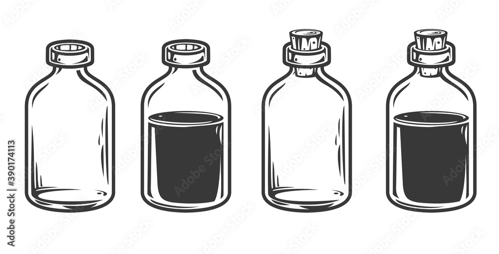 Set hand drawn empty and filled glass bottles in cartoon vintage style ...