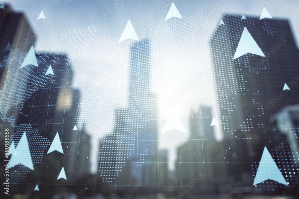 Abstract virtual GPS locator sketch with world map on modern ...