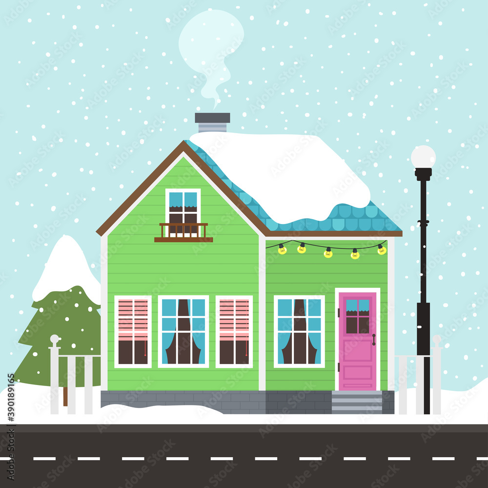 Cute winter house or cottage scene illustration. Cartoon house ...
