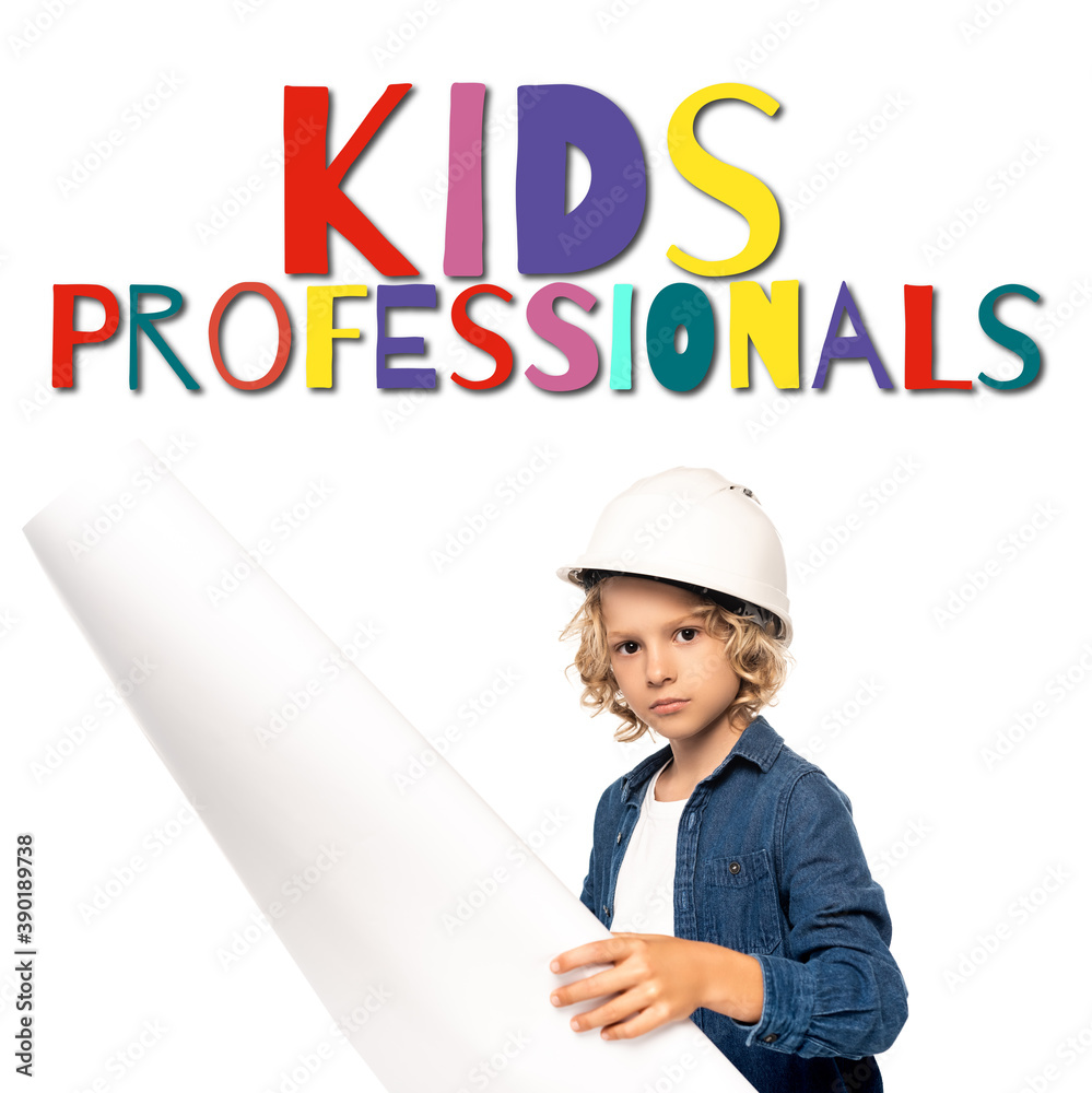 boy in safety helmet and costume of architect holding blueprint kids ...