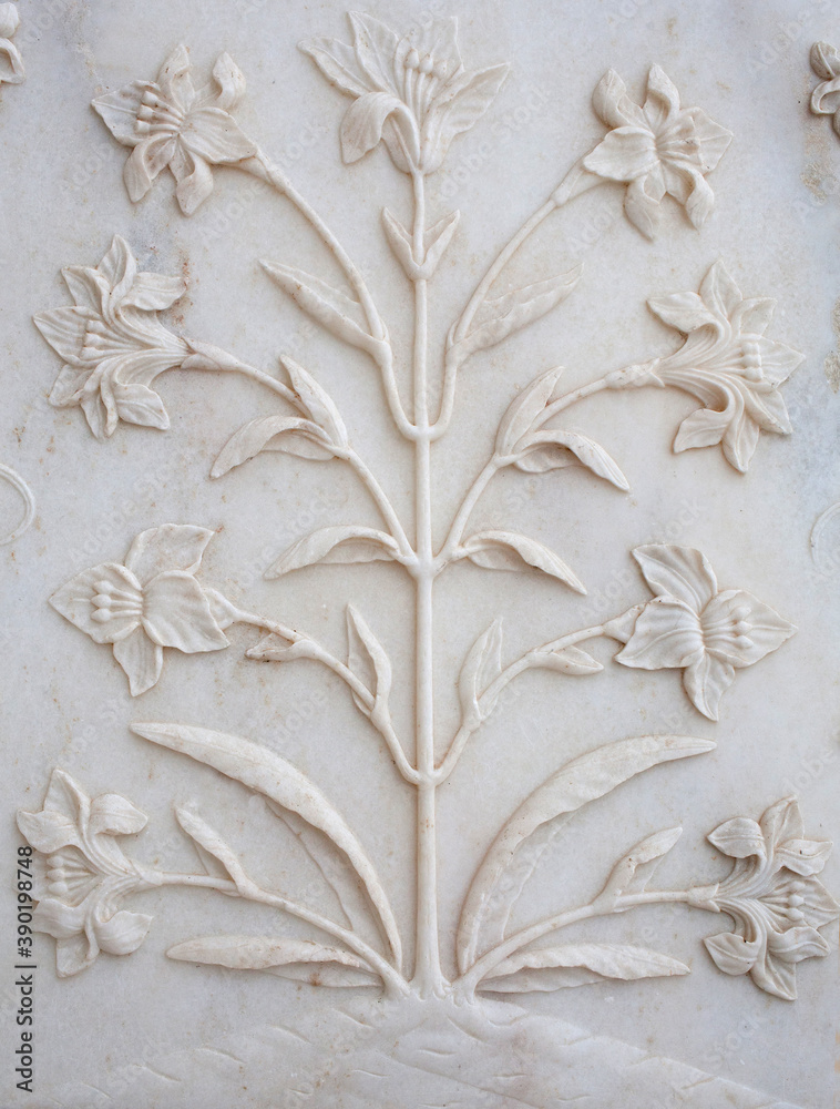 Marble flowers bas-relief on Taj Mahal in Agra, Uttar Pradesh, India ...