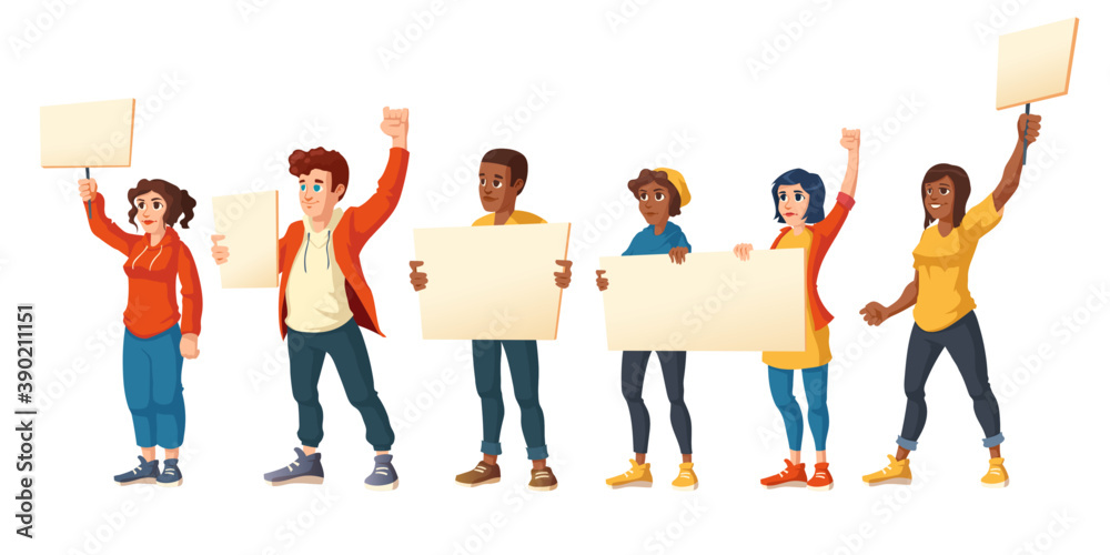 People strike, angry men and women with placards protest on rally ...