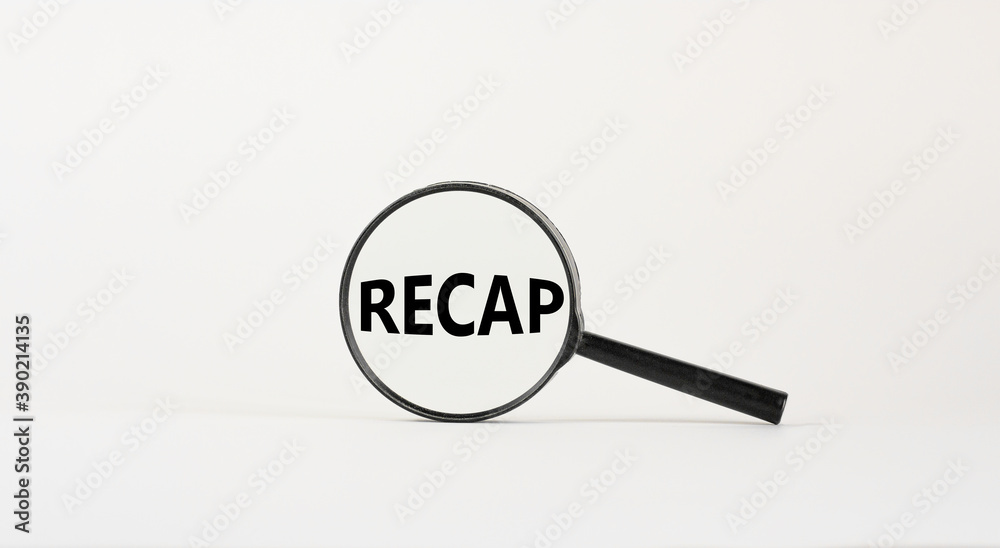 Magnifying glass with word recap on beautiful white background ...