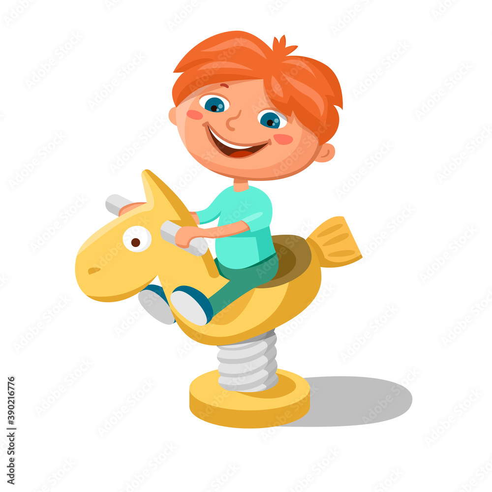 Happy boy riding on the spring rocker at playground. Cartoon vector ...
