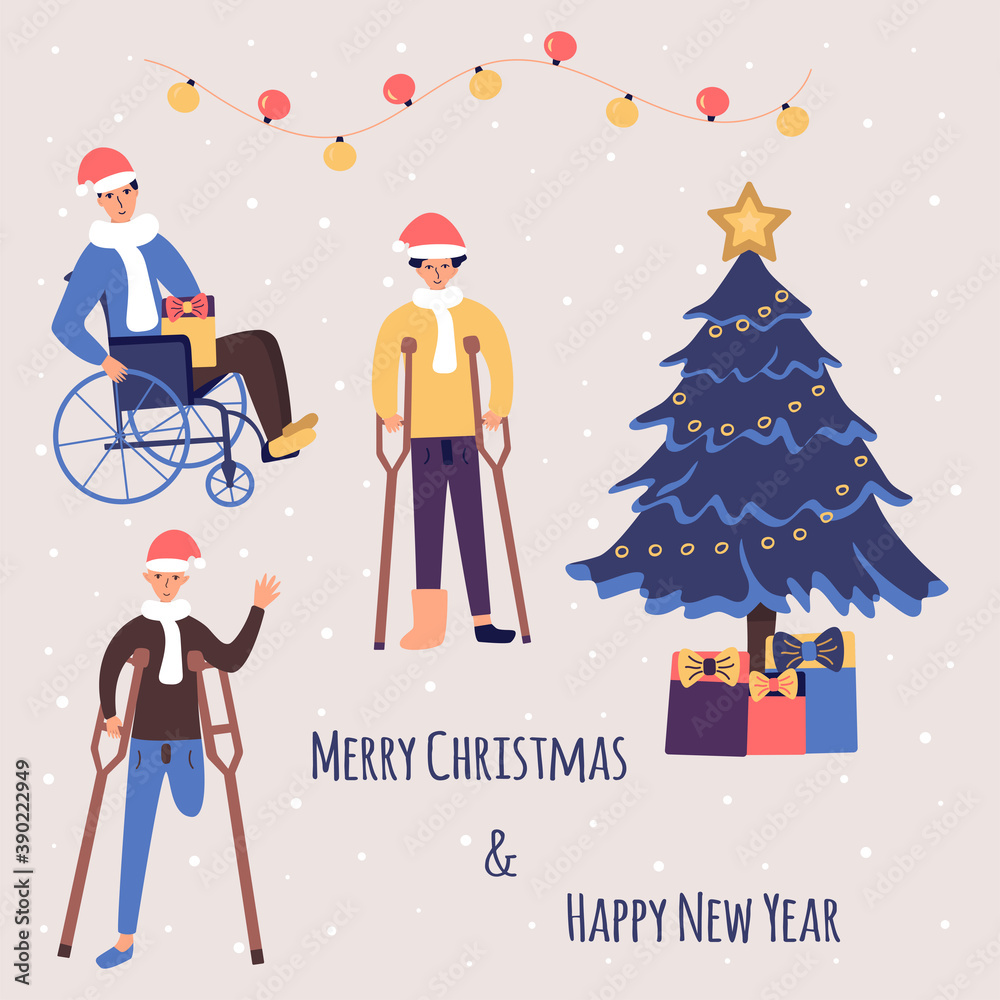 Disabled people are celebrating Christmas and New Year and smile ...