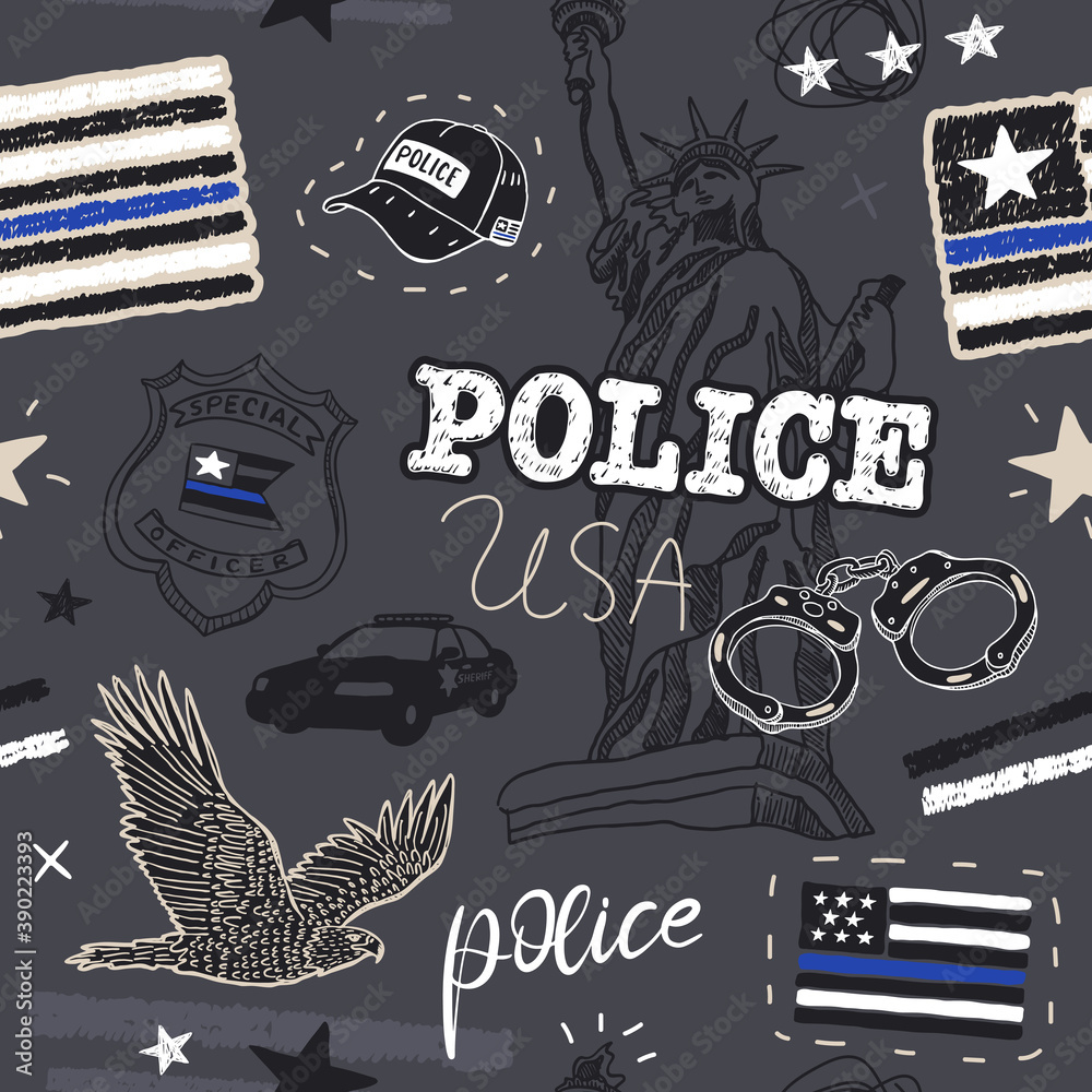 Vector seamless pattern with USA police flag, handcuffs, Statue of ...