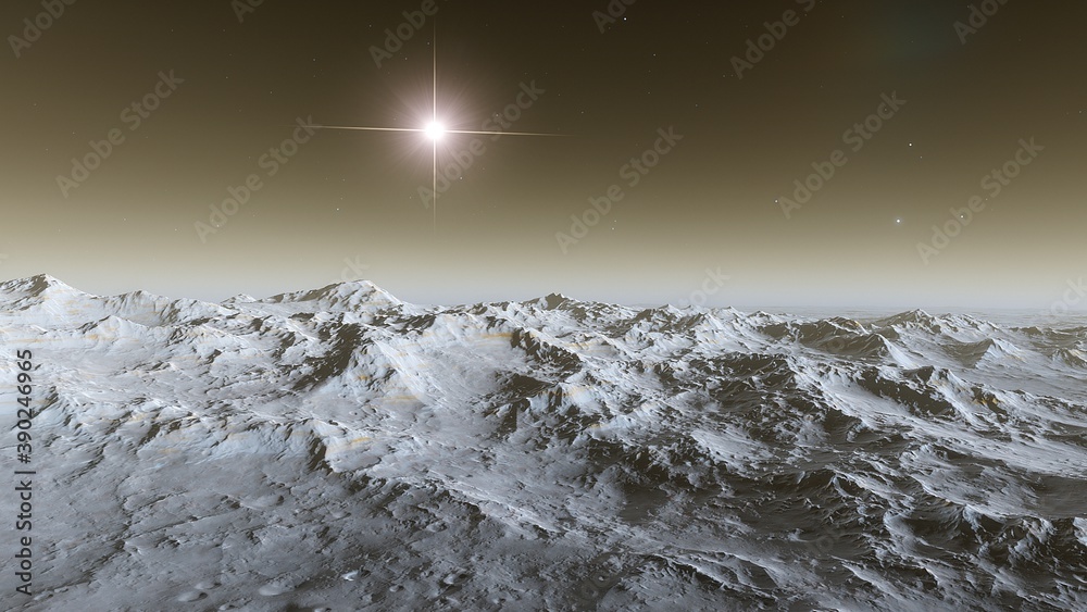 realistic surface of an alien planet, view from the surface of an exo ...