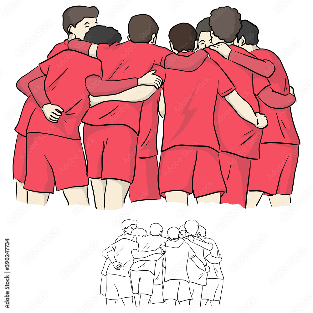 soccer players hugging while celebrate goal in a match vector ...