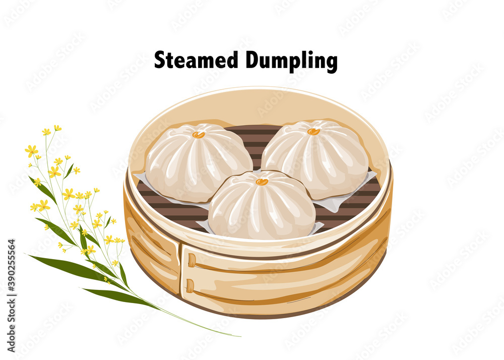 Vecteur Stock Steamed dumpling bun in bamboo basket with yellow flower ...