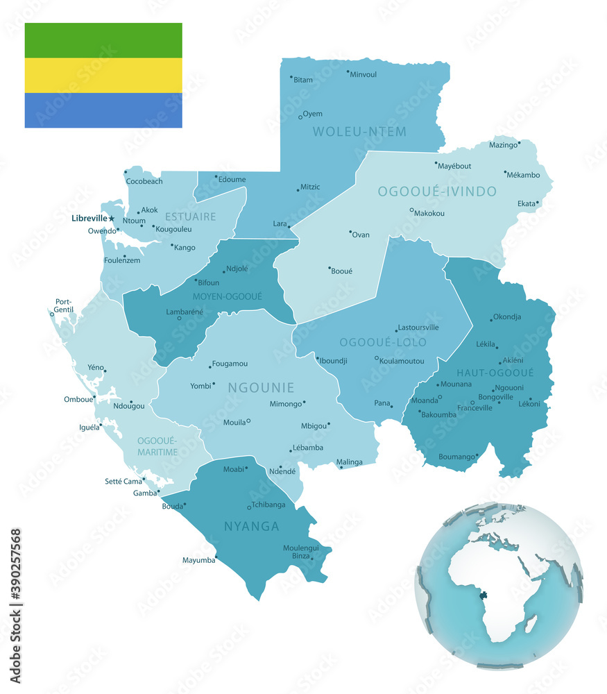 Poster Gabon administrative blue-green map with country flag and ...