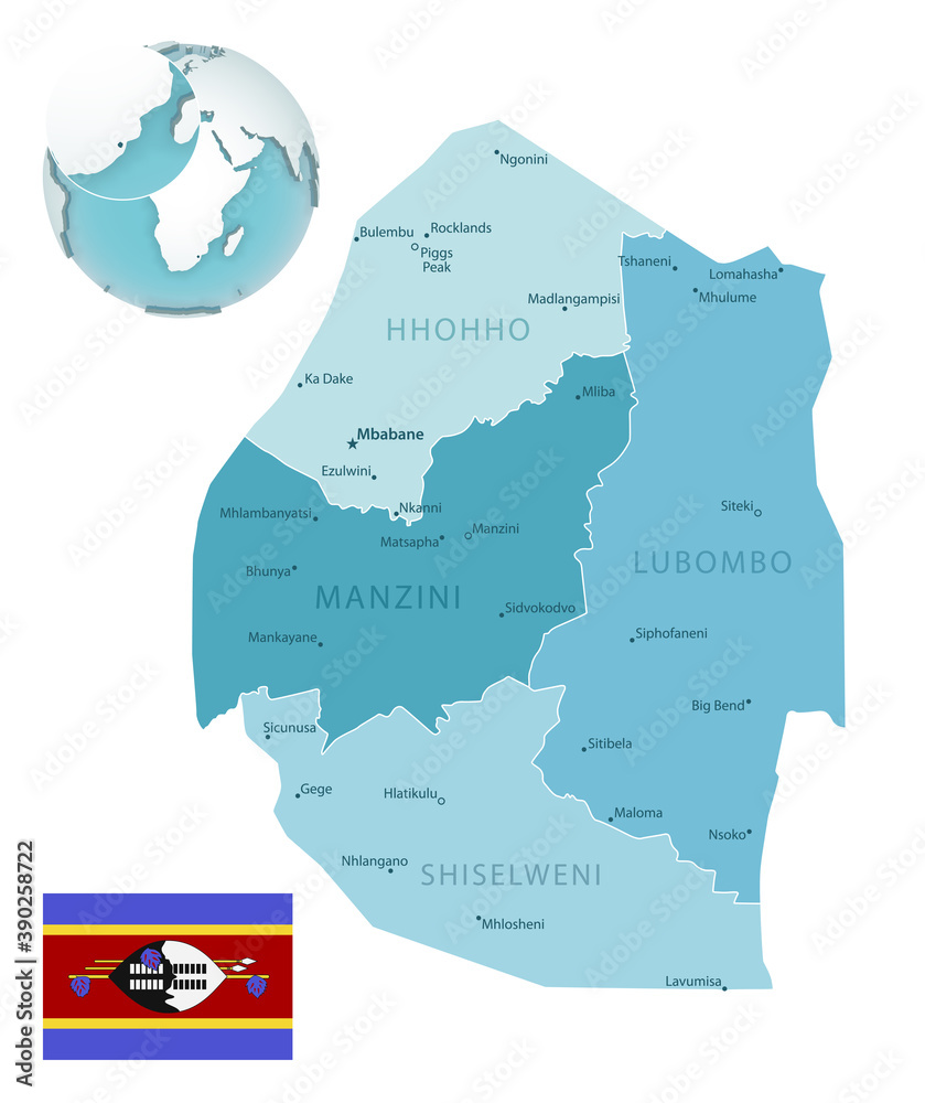 Eswatini administrative blue-green map with country flag and location ...