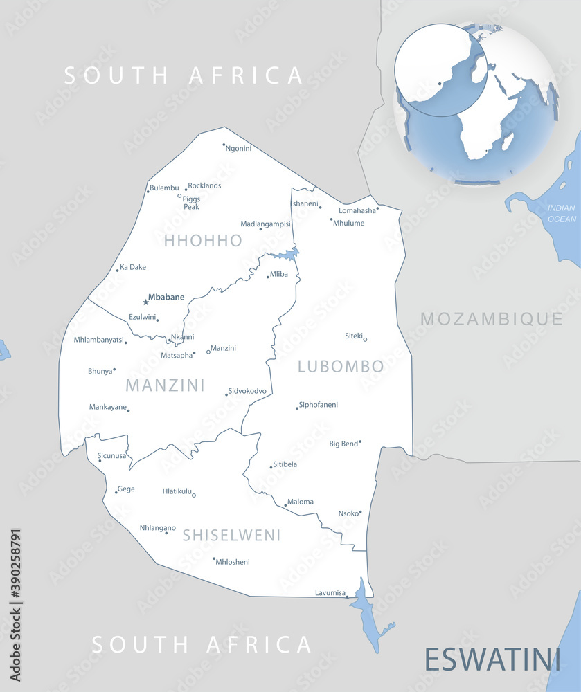Blue-gray detailed map of Eswatini administrative divisions and ...