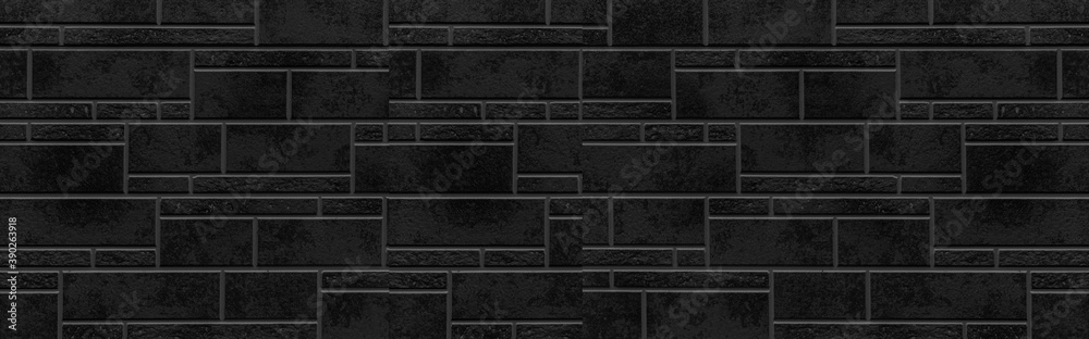 Panorama of Block pattern of black stone cladding wall tile texture and ...