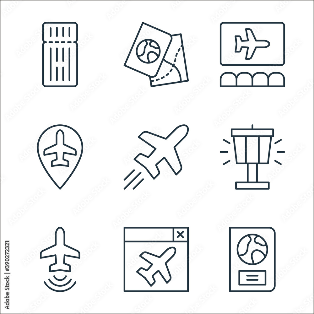 flying line icons. linear set. quality vector line set such as passport ...
