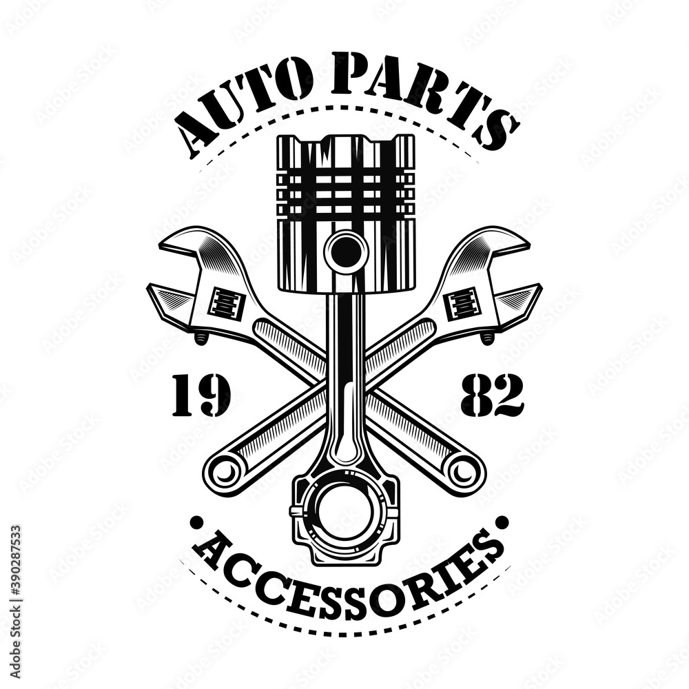 Vintage car parts vector illustration. Chrome piston, crossed wrenches ...