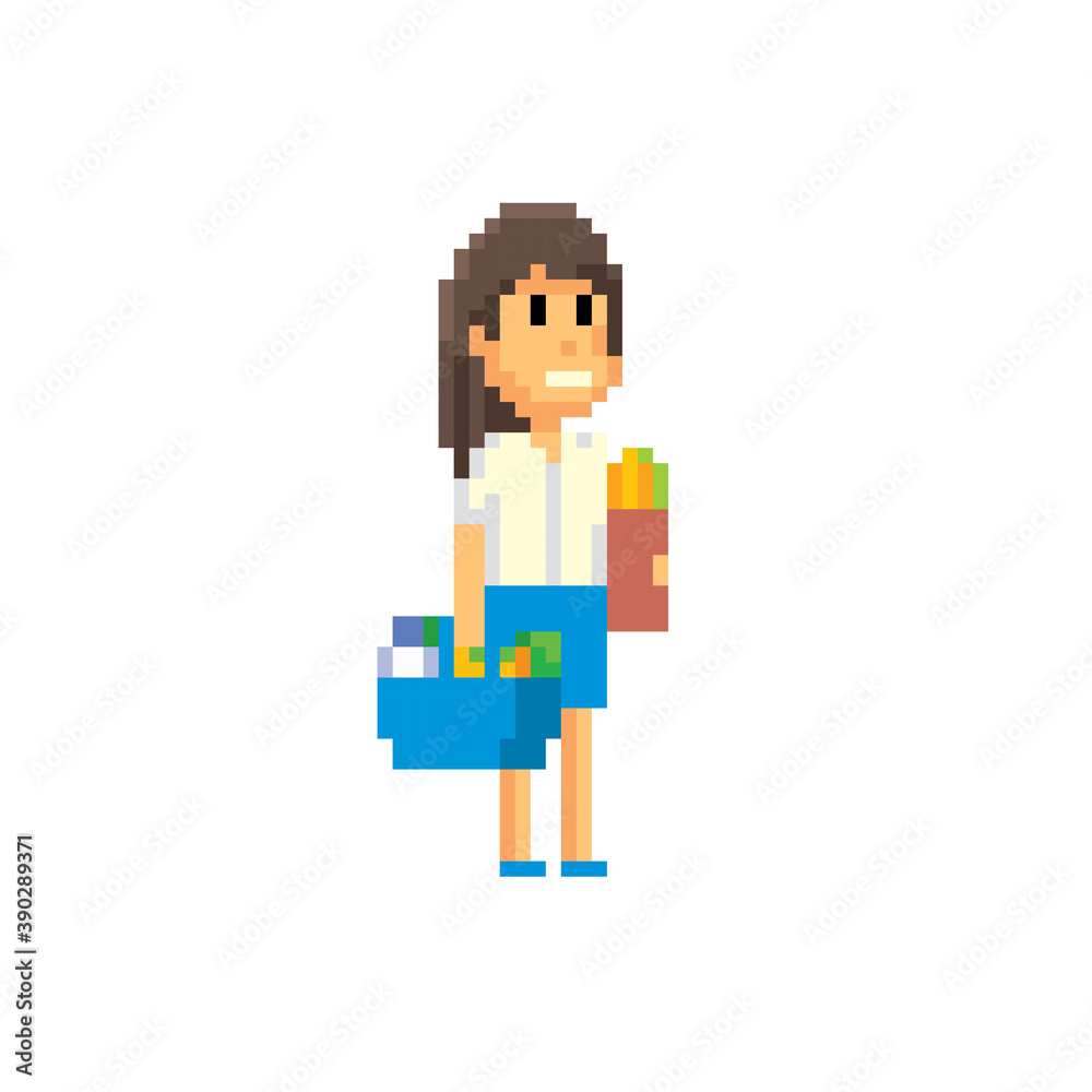 Woman shopper with shopping basket. Pixel art. Old school computer ...