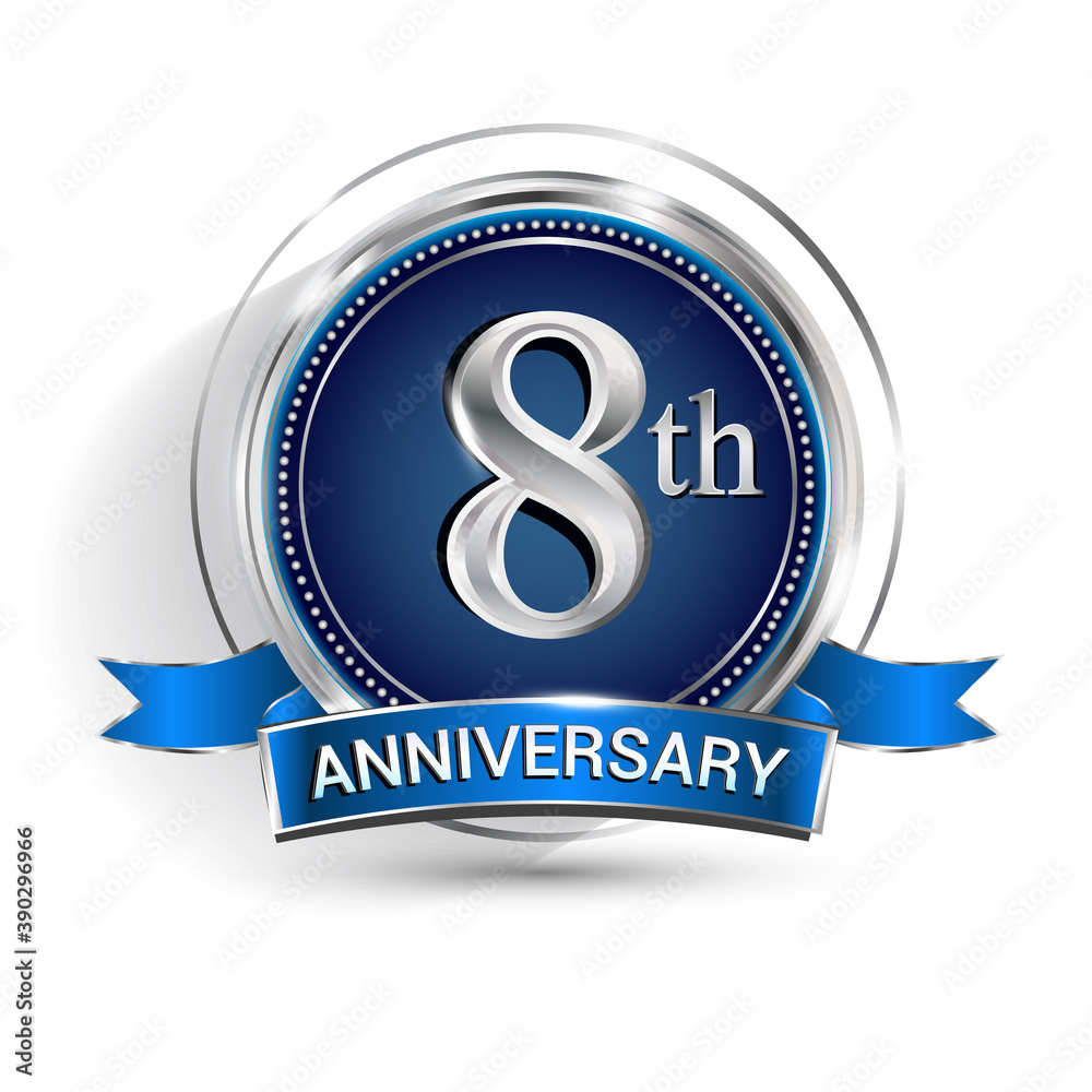 Celebrating 8th anniversary logo, with silver ring and ribbon isolated ...