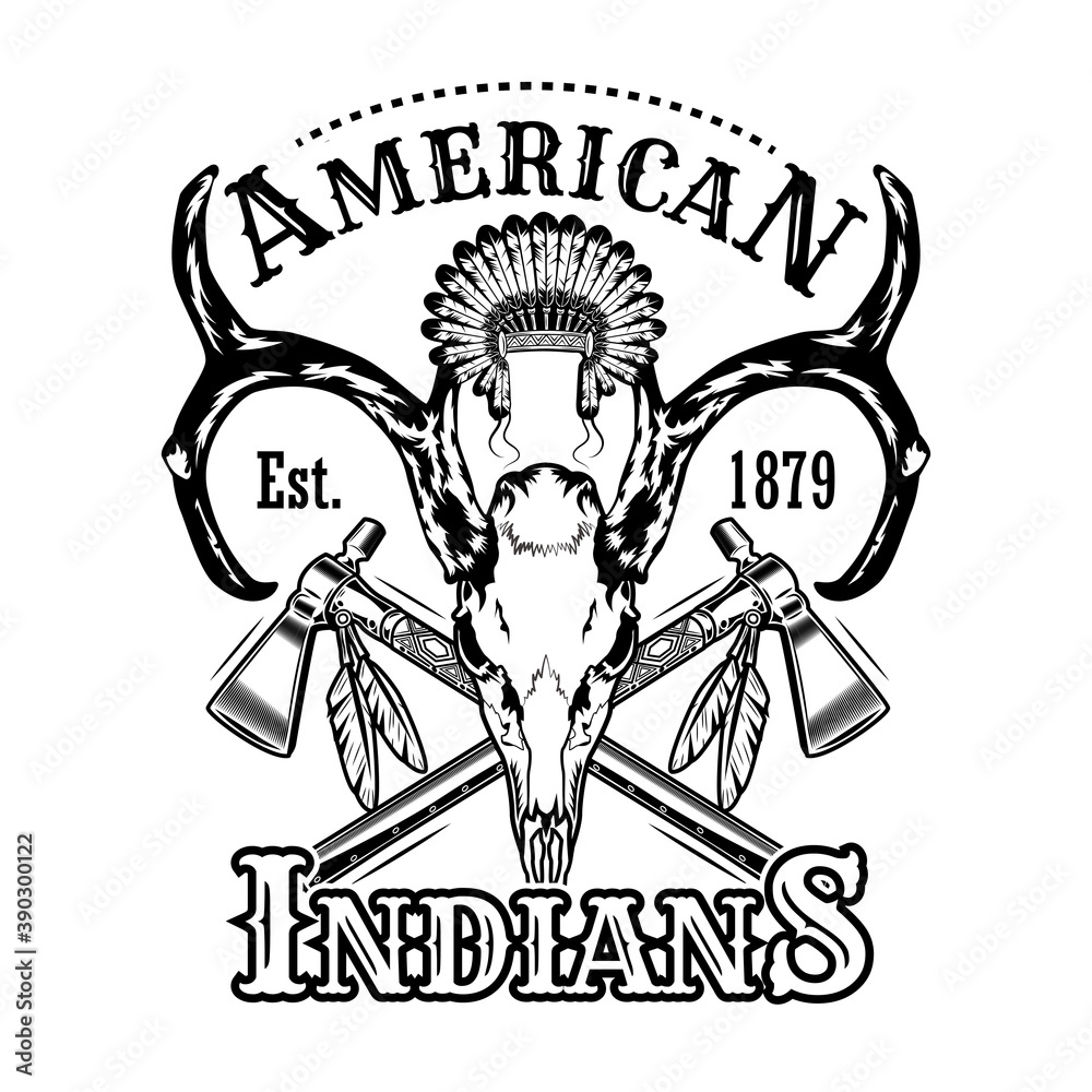 American Indians hunting vector illustration. Head of horned animal ...