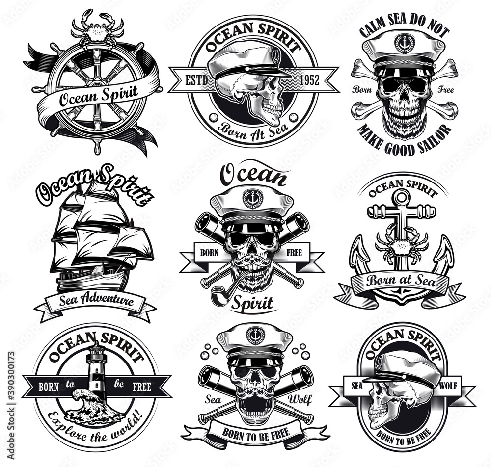 Monochrome symbol of ocean spirit vector illustration set. Retro ...