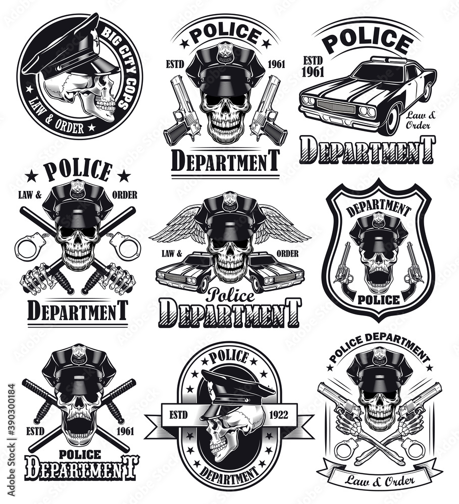 Vintage badge for police department vector illustration set. Monochrome ...