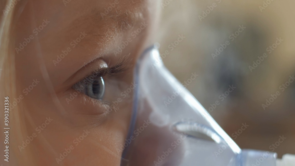 Little Blonde Girl Making Inhalation in Inhalation Mask Stock Photo ...